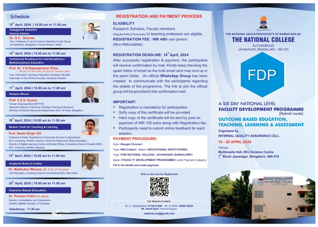 A Six Day National Level Faculty Development Programme on Outcome Based Education, Teaching ...